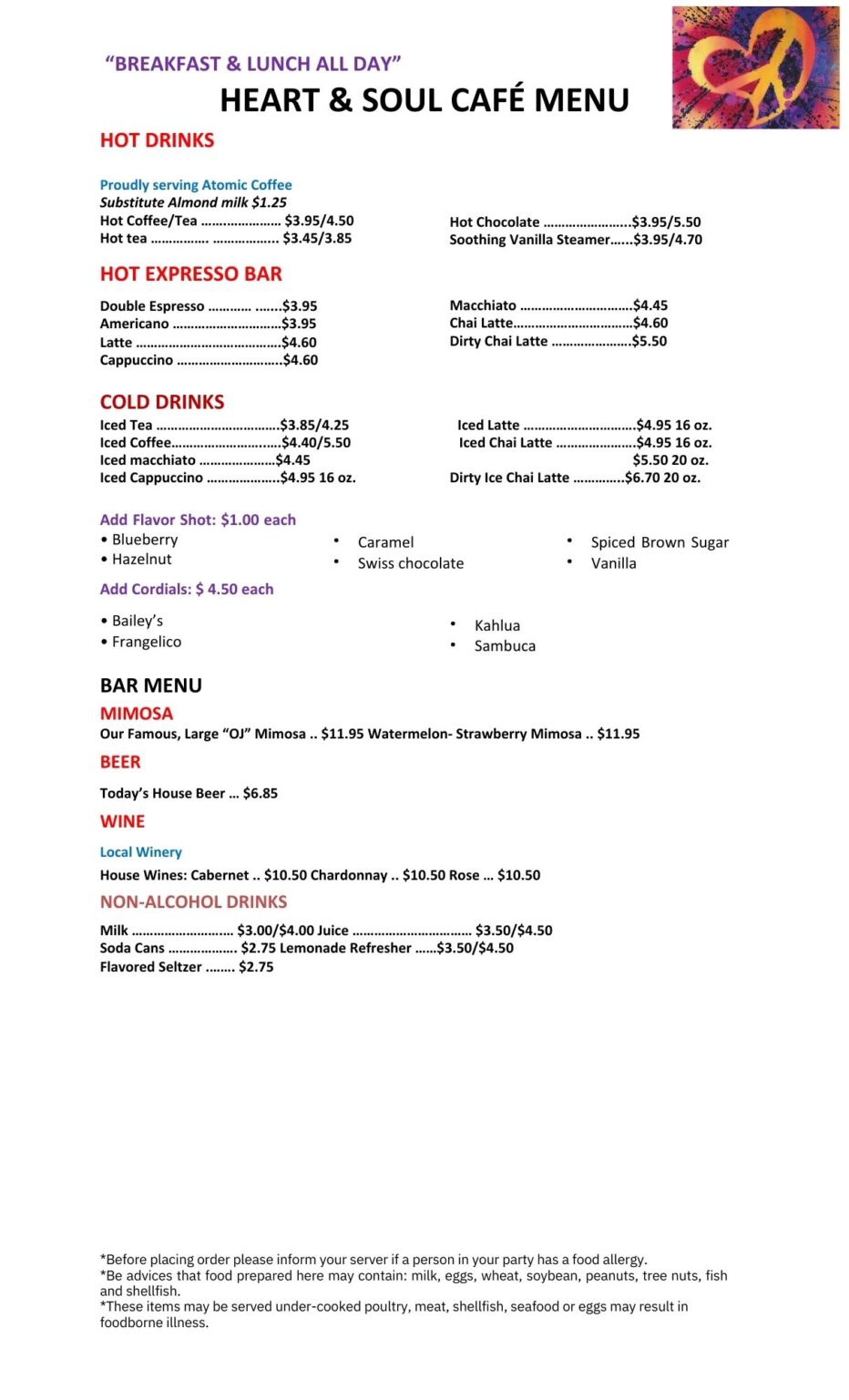 Menu - Heart & Soul Cafe